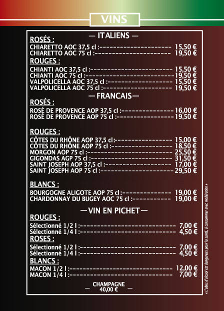CARTE ET MENUS – Pizzeria Parla David